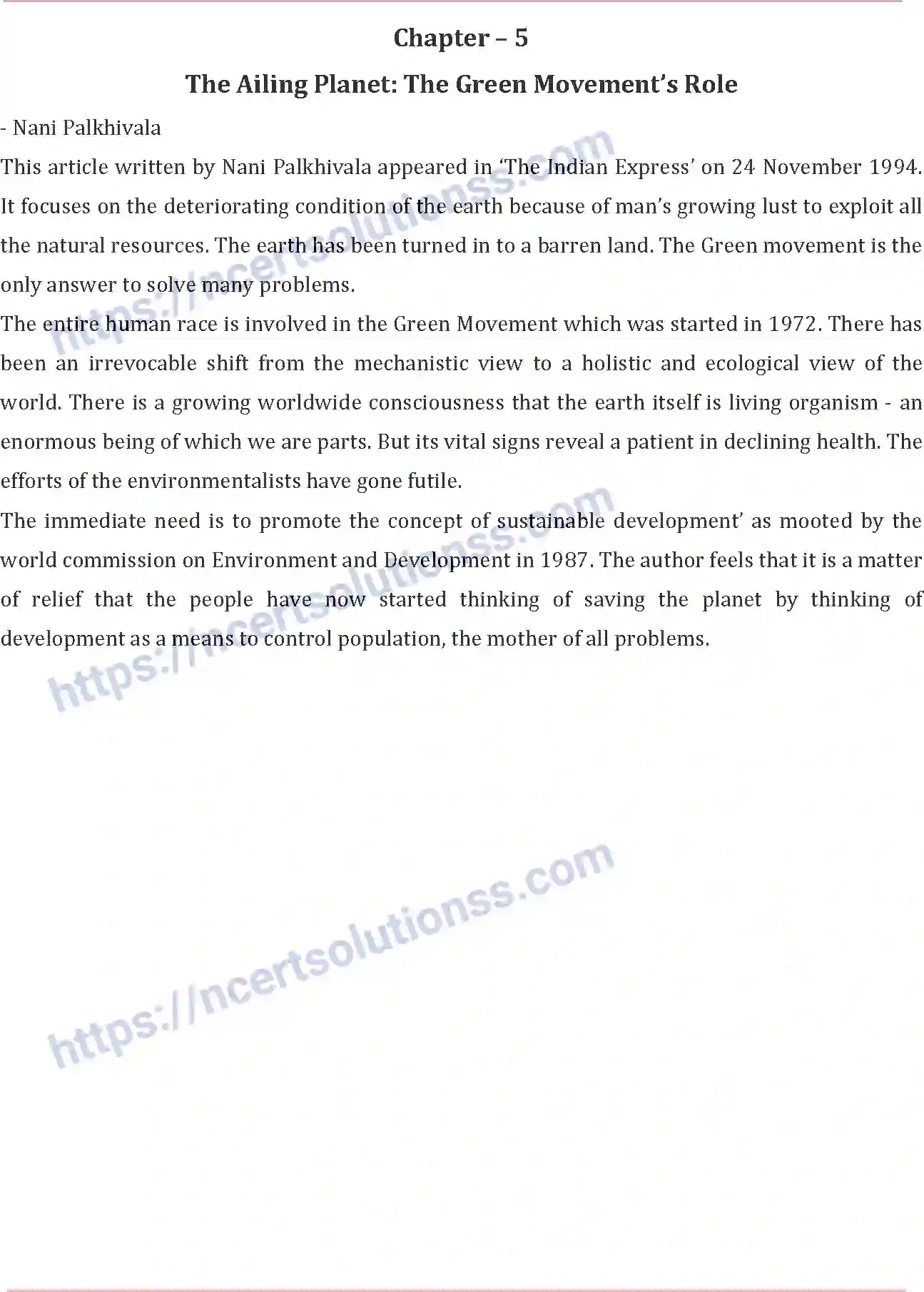 Class 11 English The Ailing Planetand The Green Movement’s Role note