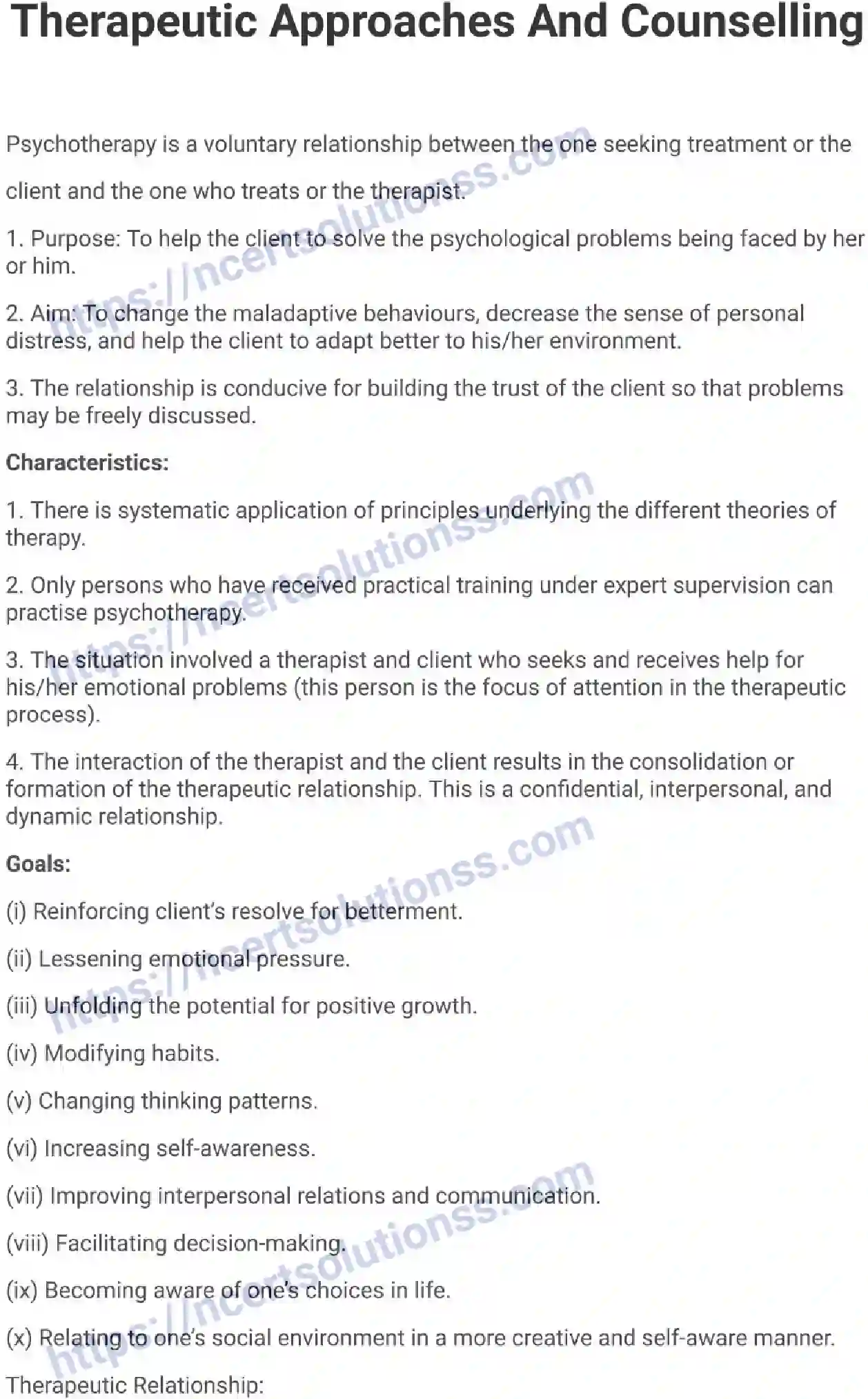Class 12 Psychology Therapeutic Approaches And Counselling note