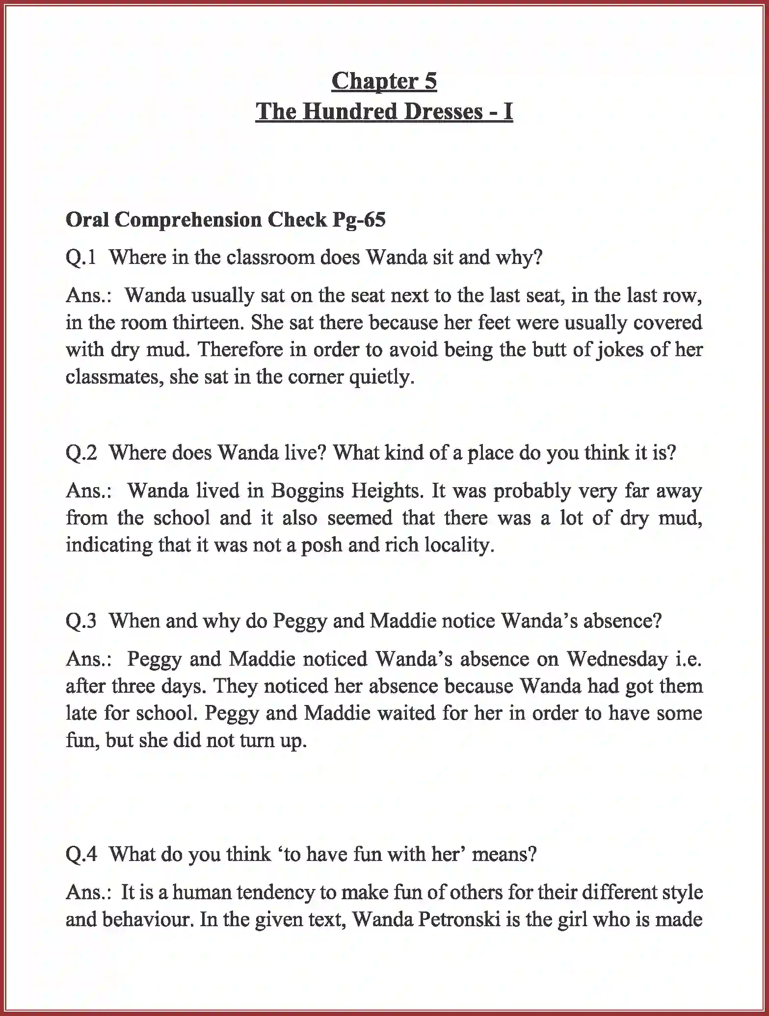 Class 10 First Flight The Hundred Dresses – I Solution