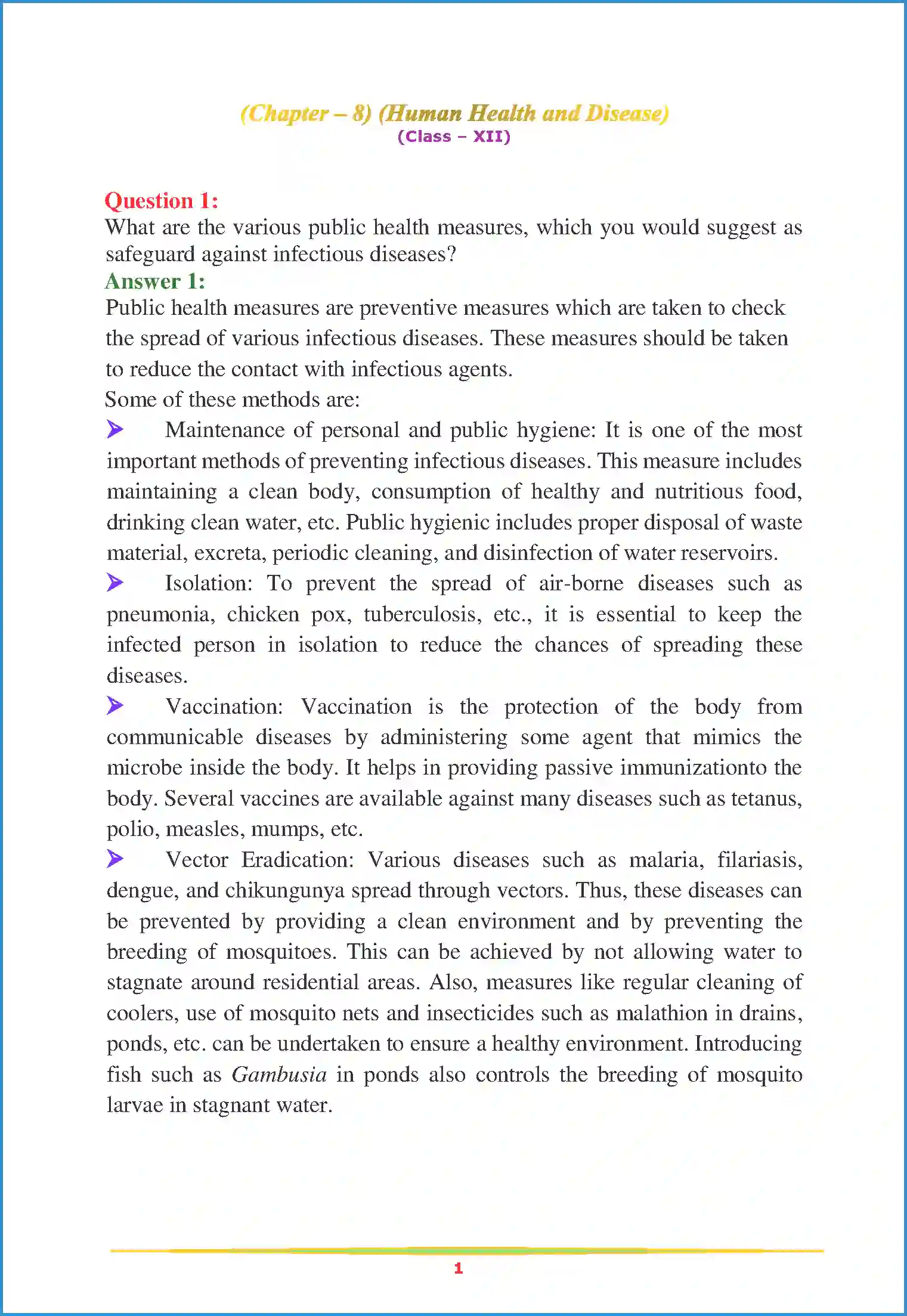 Class 12 Biology Chapter 8 Human Health and Diseases Solution