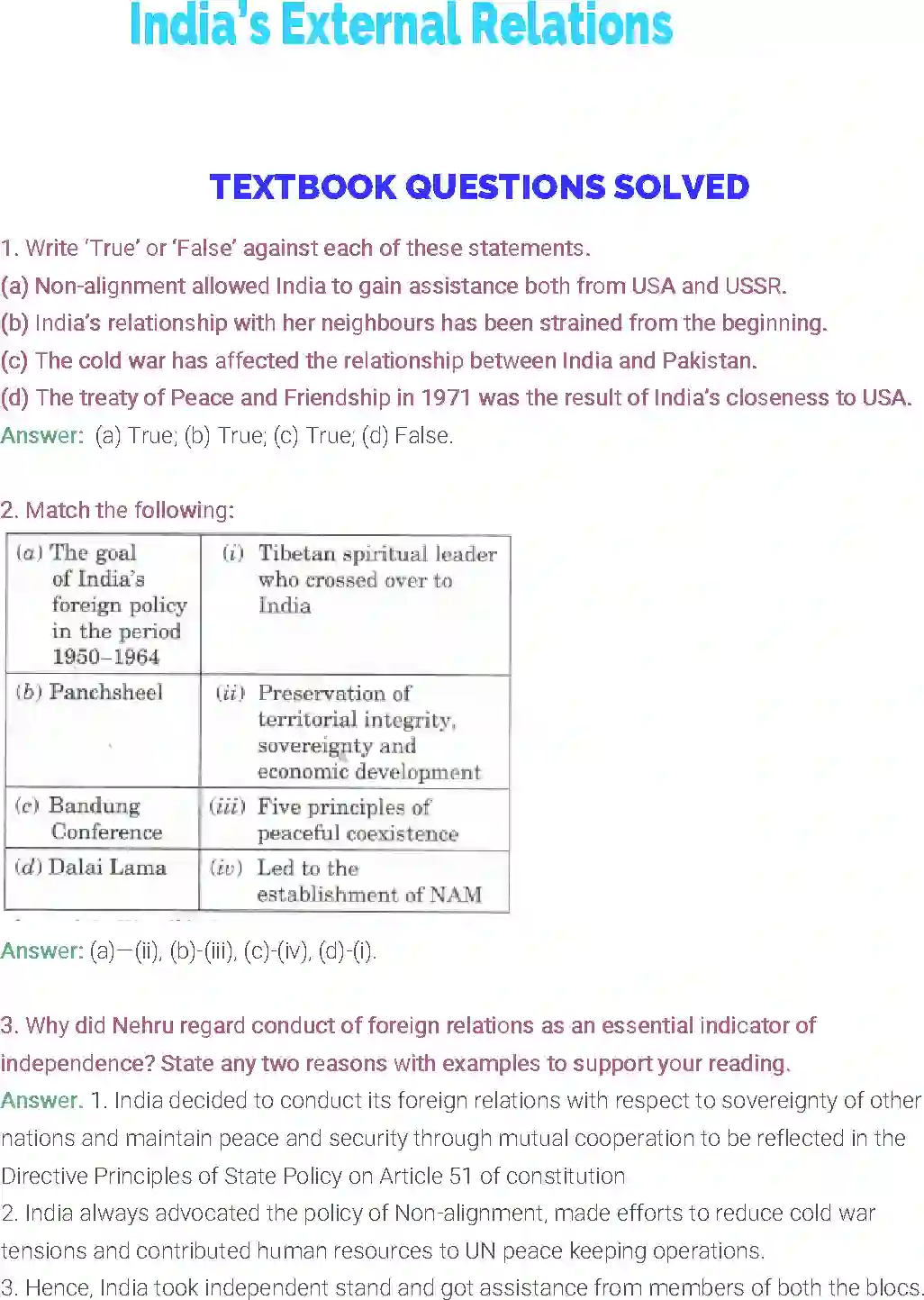 Class 12 Political Science Chapter 4 India’s External Relations Solution