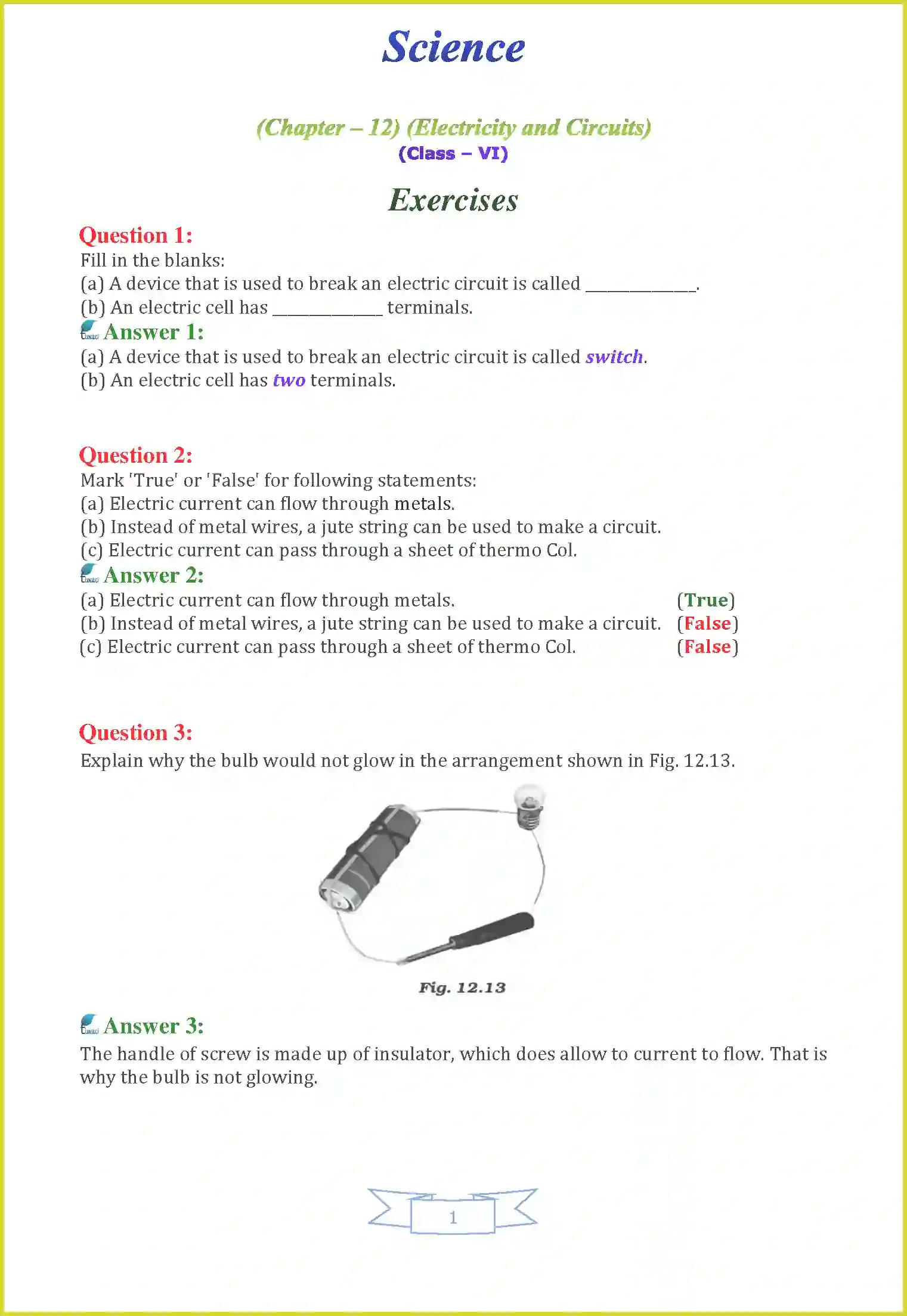 Class 6 Science Chapter 12 Electricity and Circuits Solution