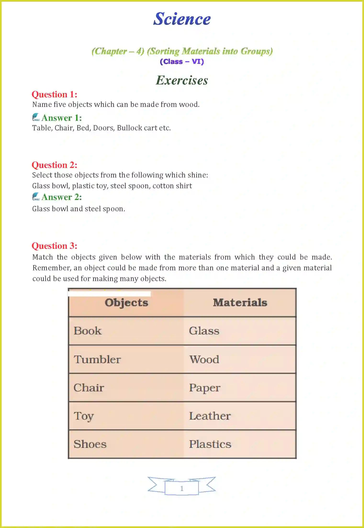 Class 6 Science Chapter 4 Sorting Materials and Groups Solution
